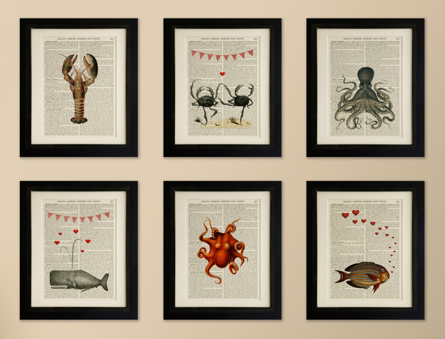 Set of 6 Art Prints on Old Antique Book Page - Sea Creatures, Lobster ...