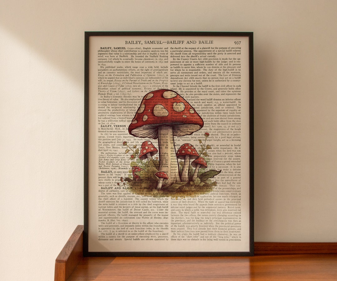 ART PRINT on Old Antique Book Page - Cottagecore Mushroom, Vintage ...