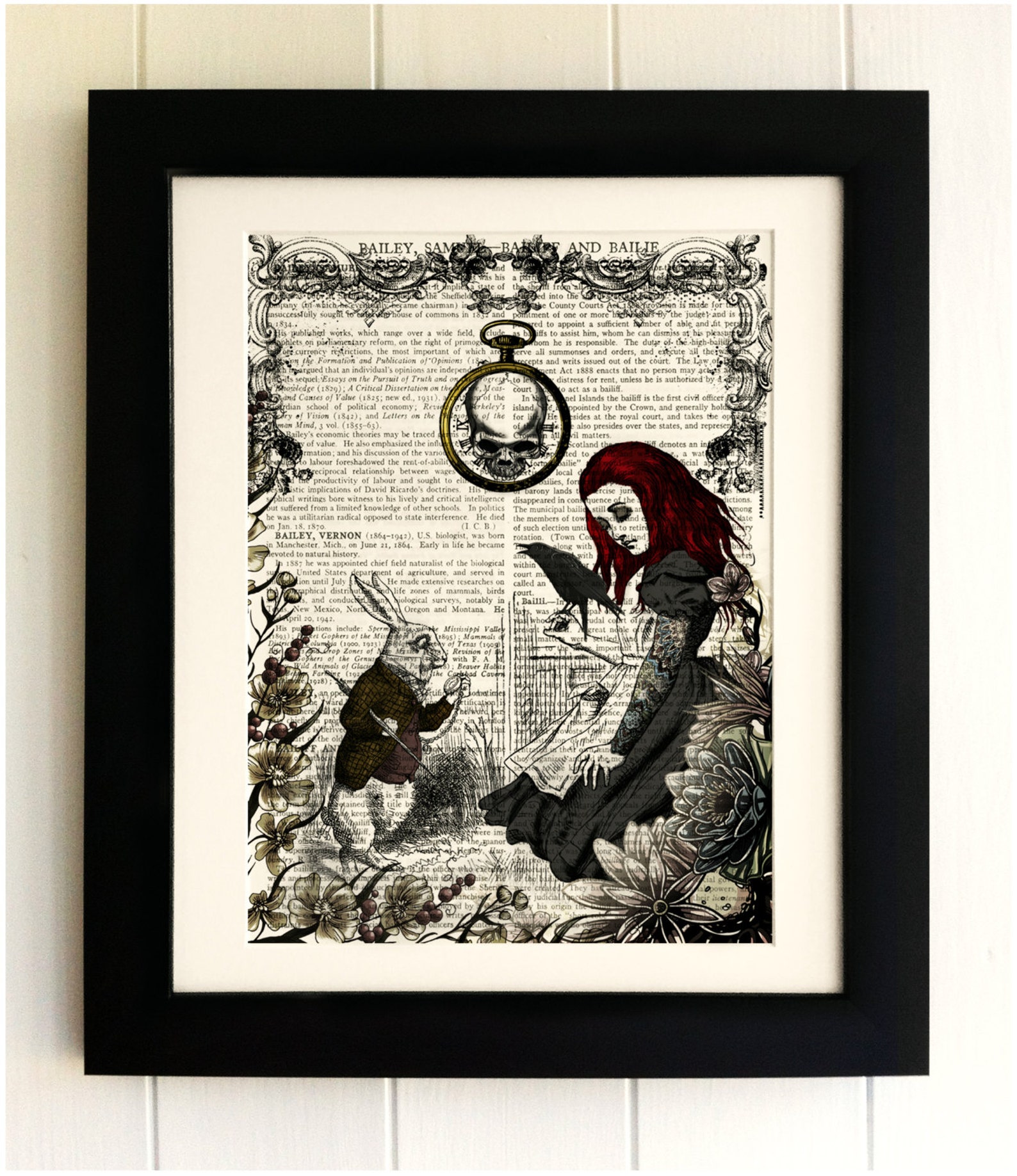 ART PRINT on Old Antique Book Page - Goth Alice in Wonderland, White ...