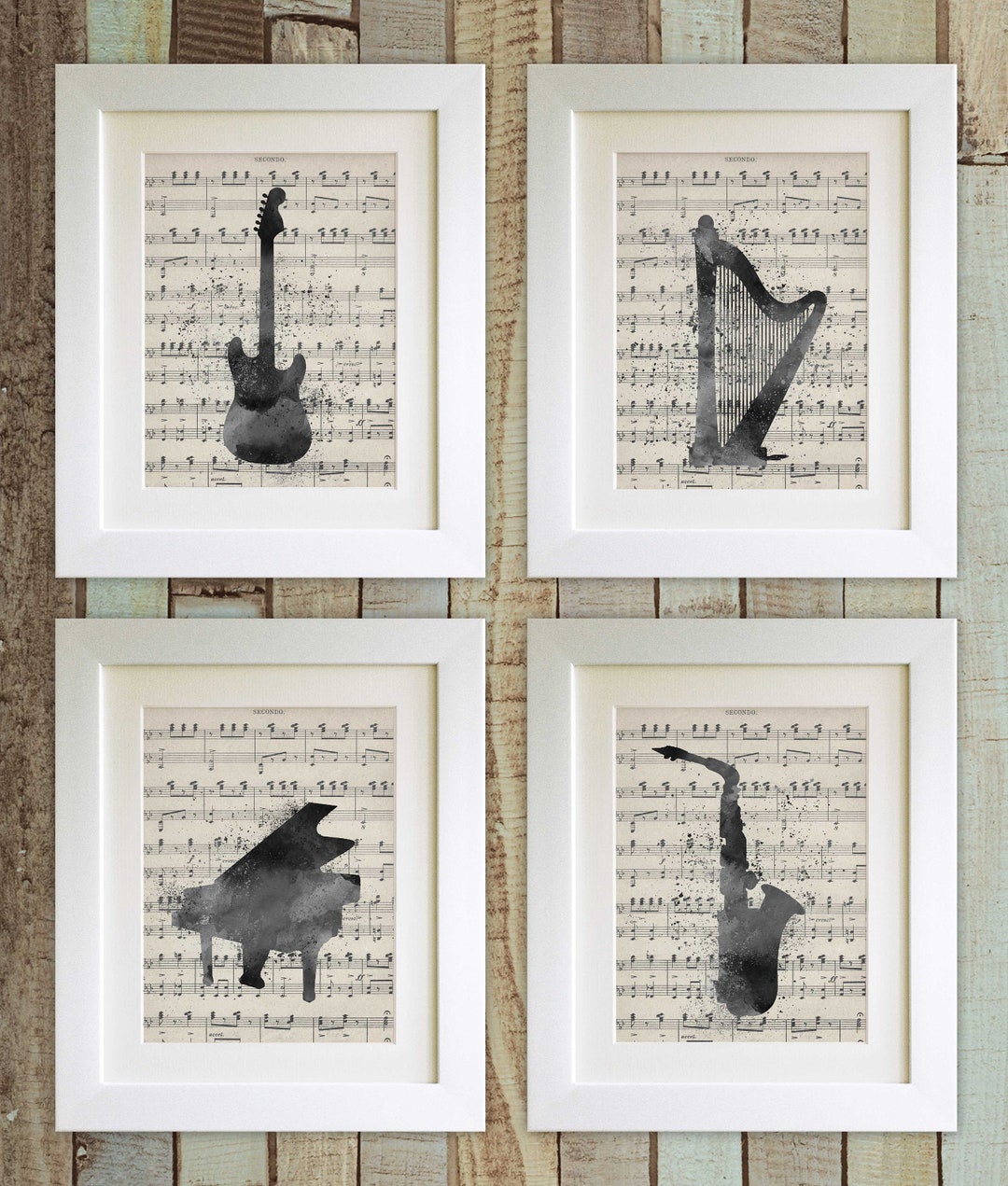 SET OF 4 Instrument Prints, 5"x7" *UNFRAMED* Music Sheet, Watercolour ...