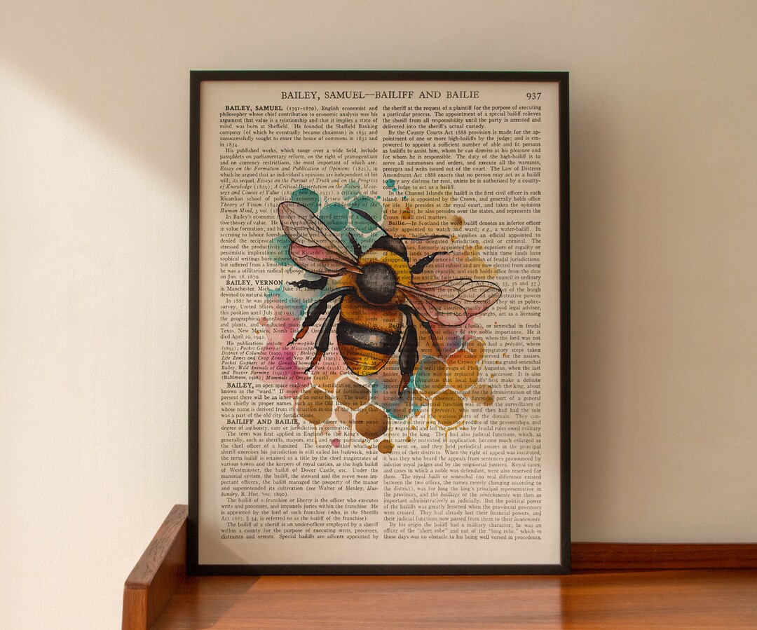 ART PRINT on Old Antique Book Page - Watercolour Bumble Bee, Insect ...