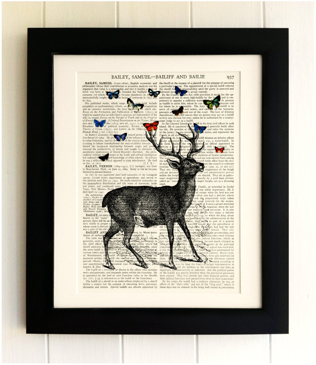 ART PRINT on Old Antique Book Page - Stag With Butterflies, Vintage ...