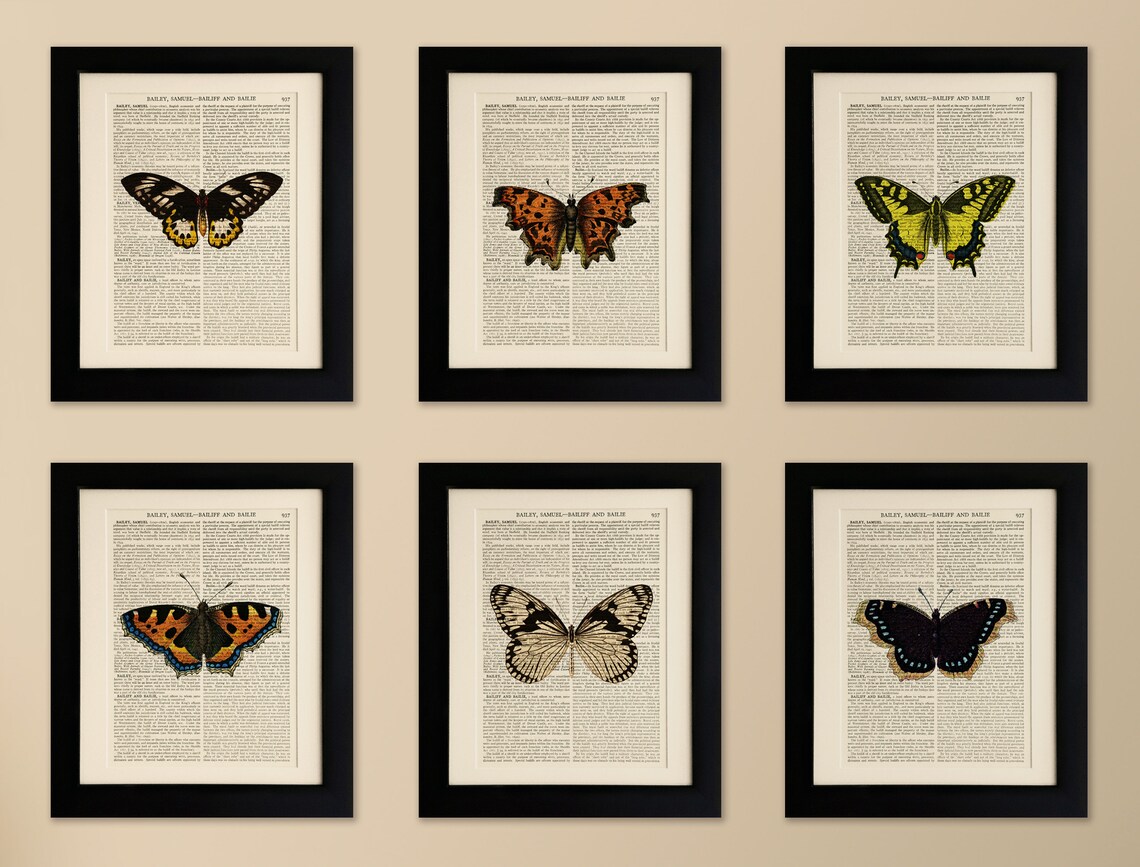 Set of 6 Art Prints on Old Antique Book Page - Butterflies, Vintage ...