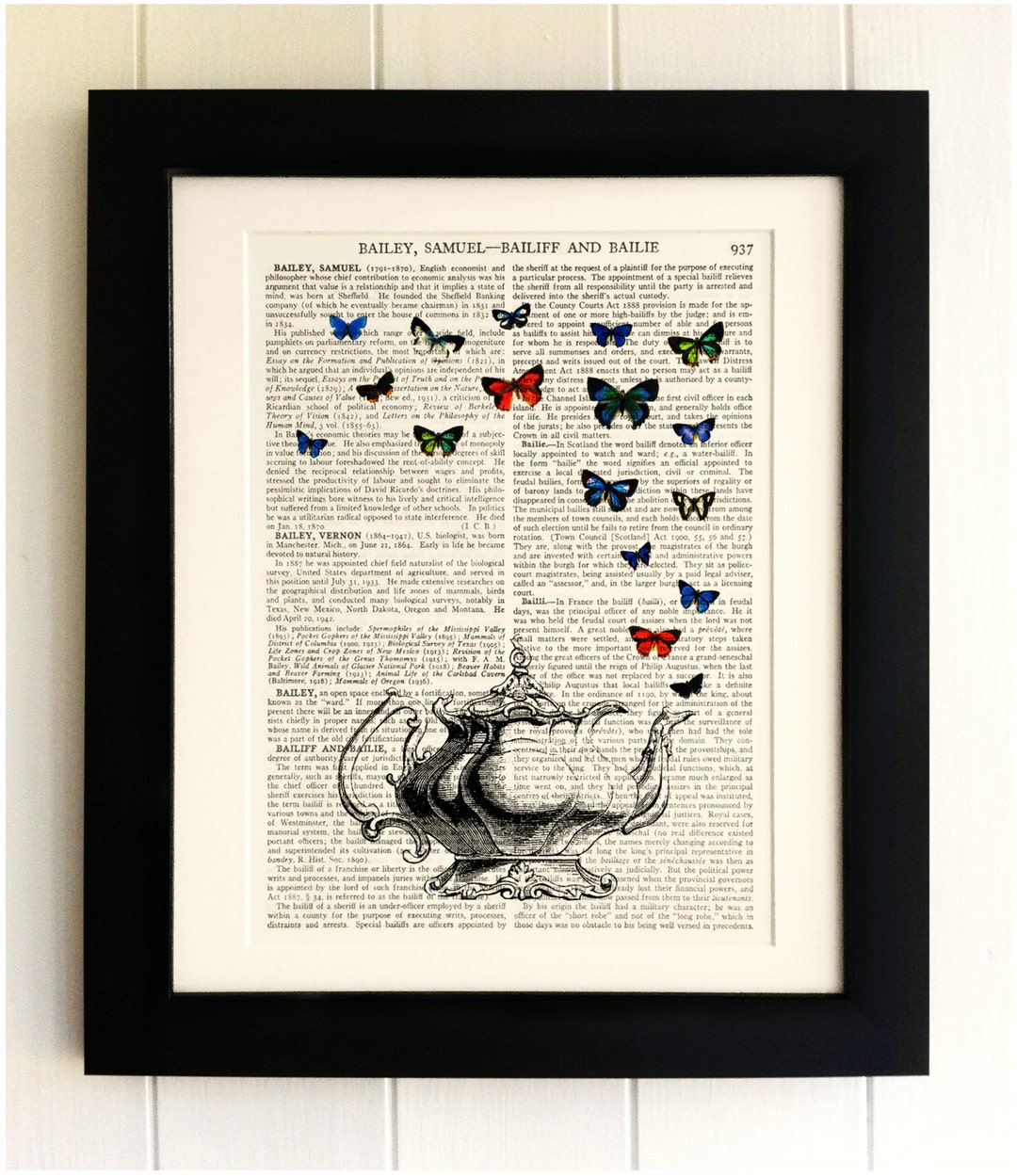ART PRINT on Old Antique Book Page - Teapot With Butterflies, Vintage ...