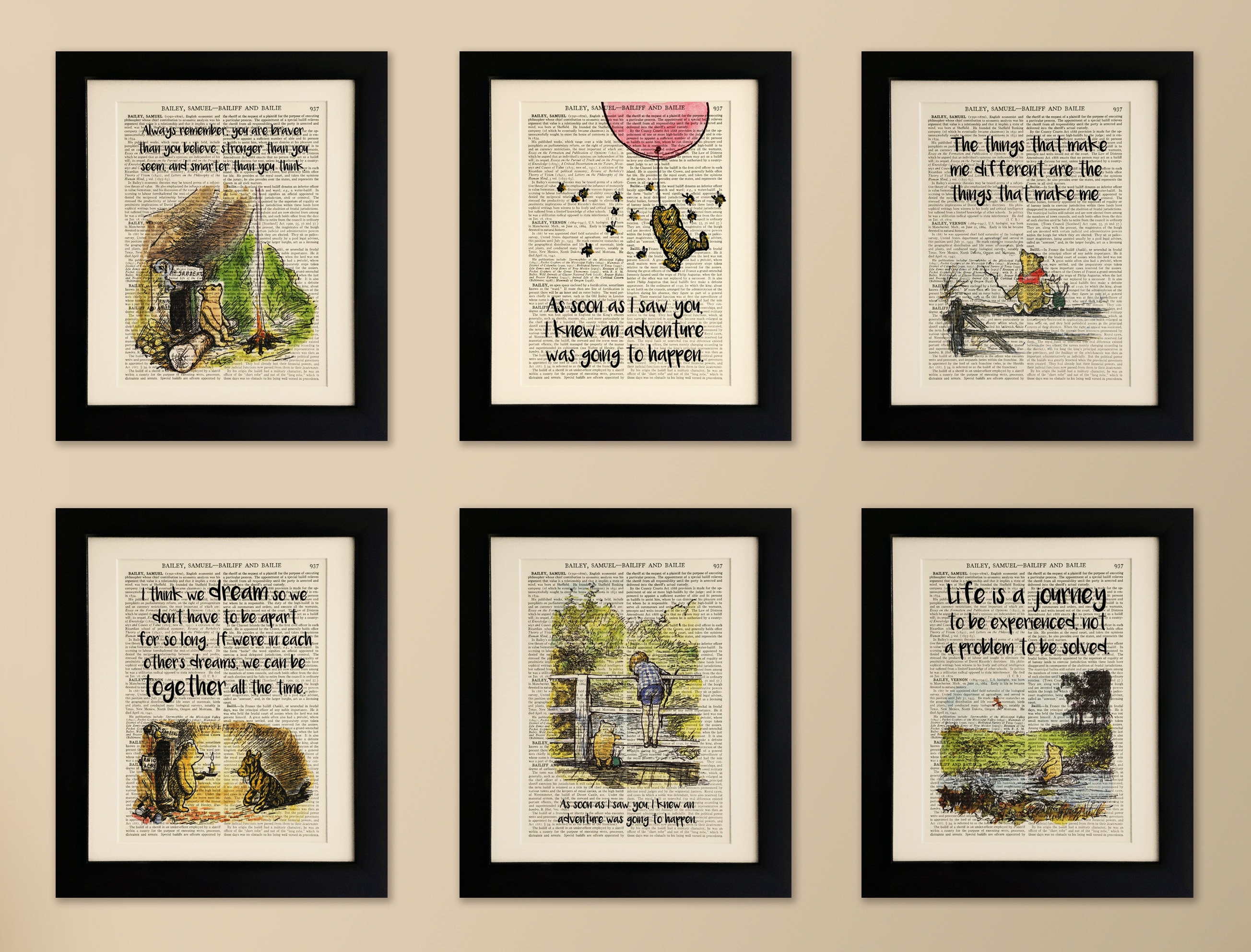 Set of 6 Art Prints on Old Antique Book Page Winnie the | Etsy