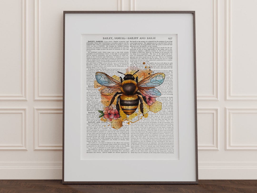 ART PRINT on Old Antique Book Page Watercolour Bumble Bee - Etsy