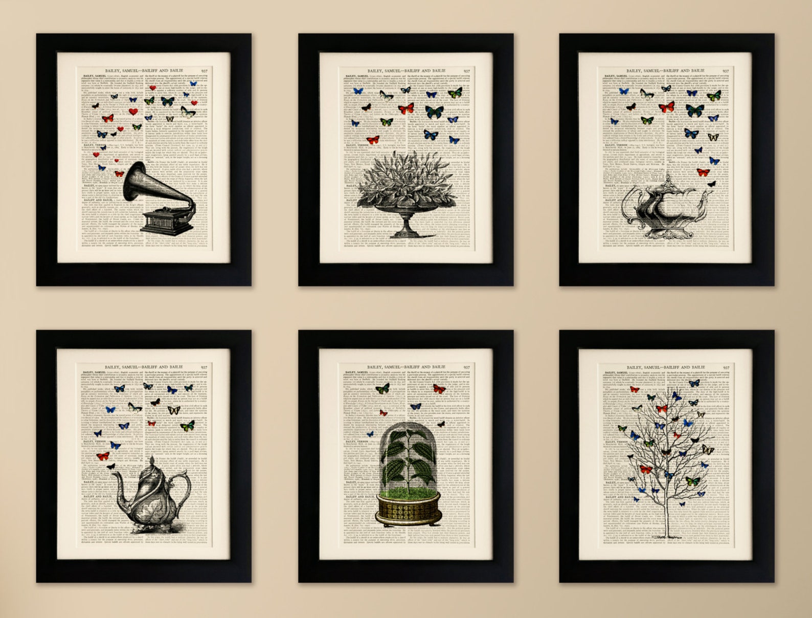 Set of 6 Art Prints on Old Antique Book Page Butterflies | Etsy