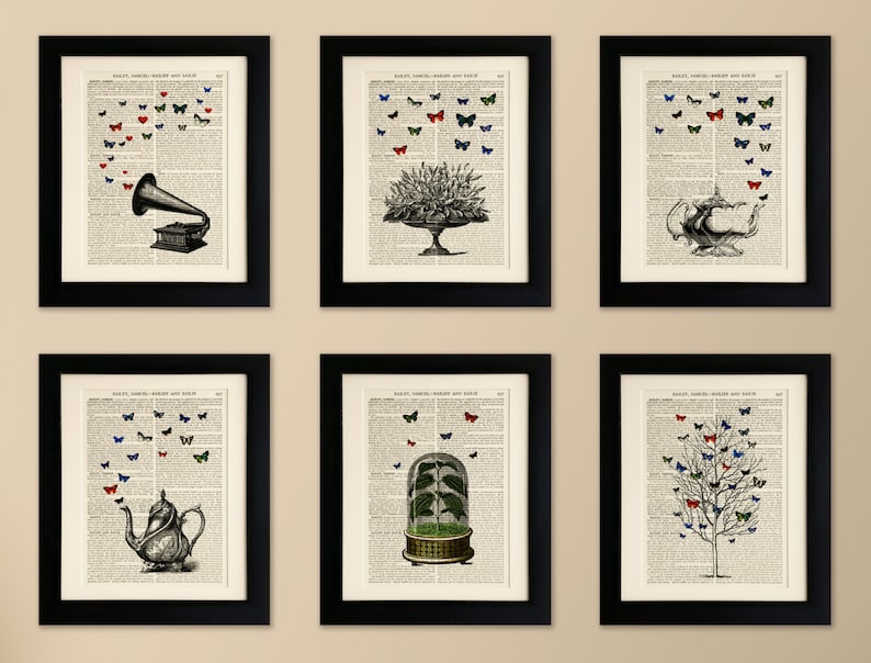 Set of 6 Art Prints on Old Antique Book Page Butterflies - Etsy