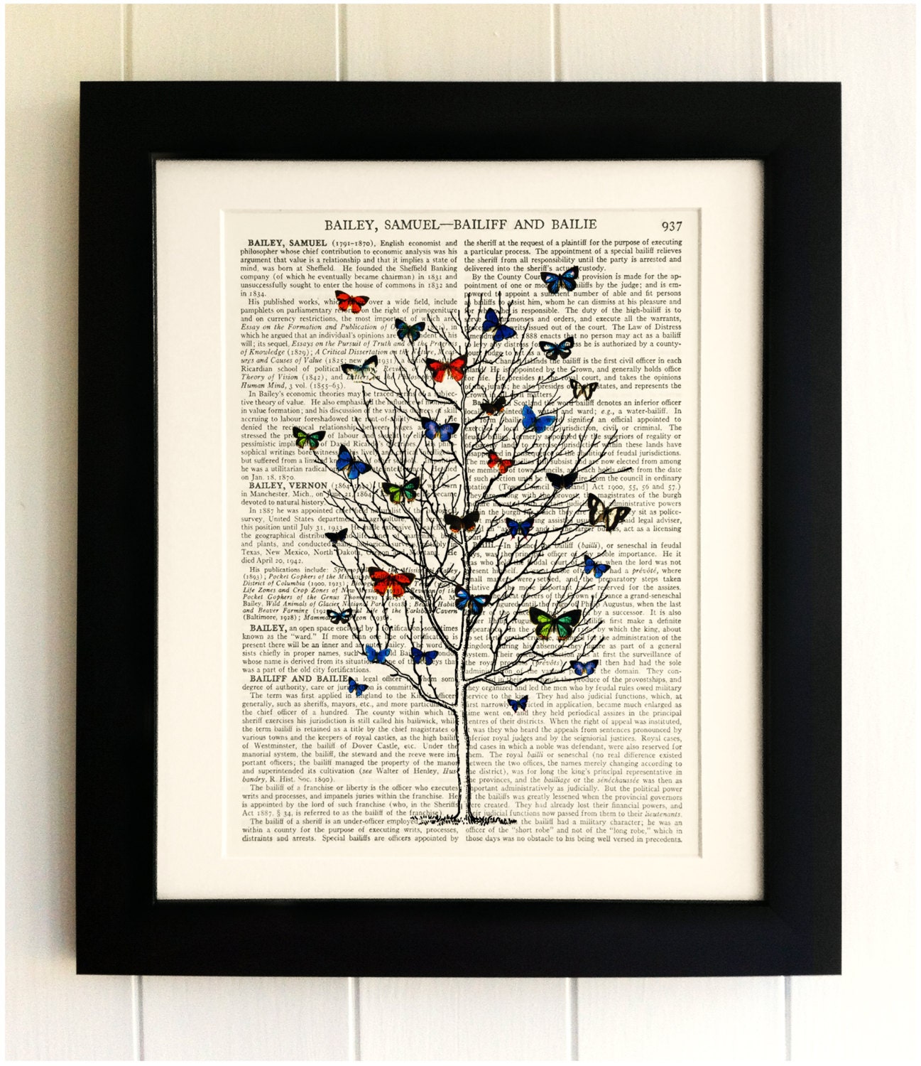 ART PRINT on Old Antique Book Page - Tall Tree With Butterflies ...