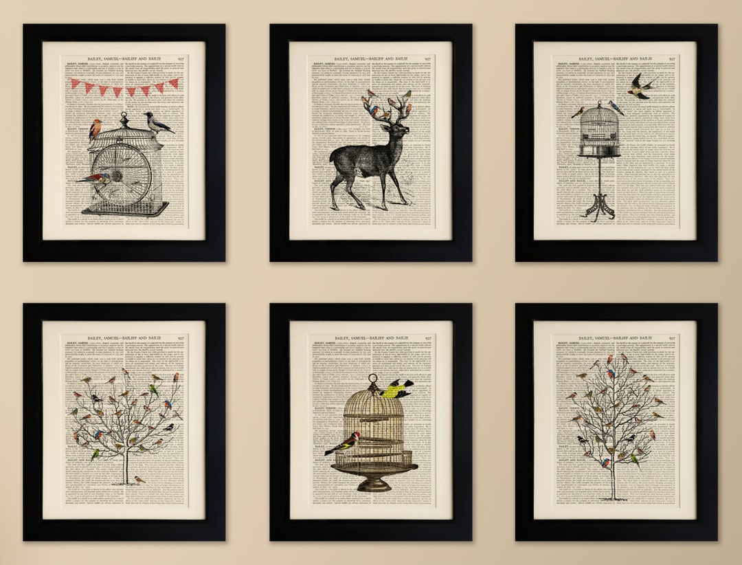 Set of 6 Art Prints on Old Antique Book Page - Bird Tree, Birdcage ...