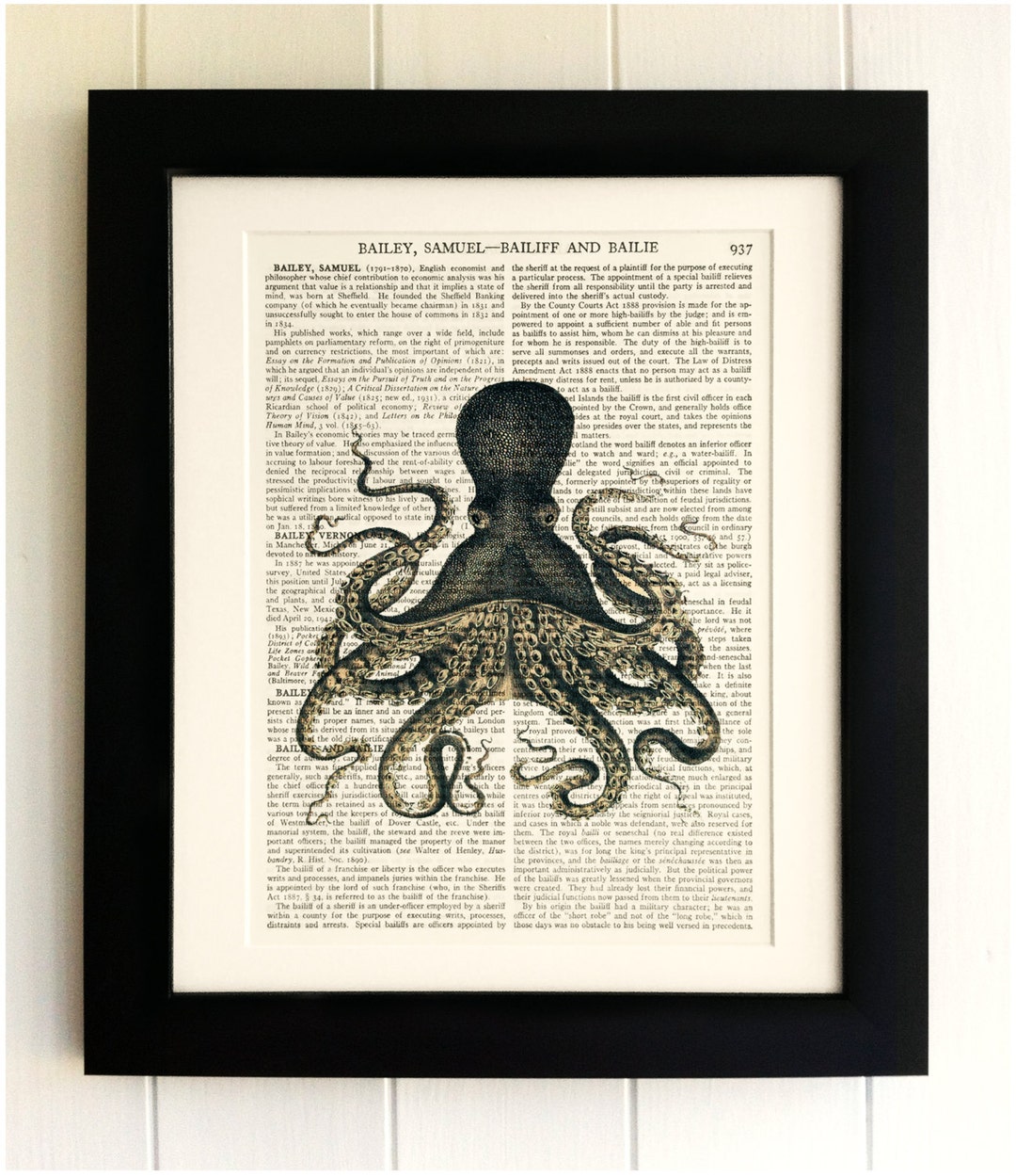 ART PRINT on Old Antique Book Page - Black Octopus, Vintage Upcycled ...