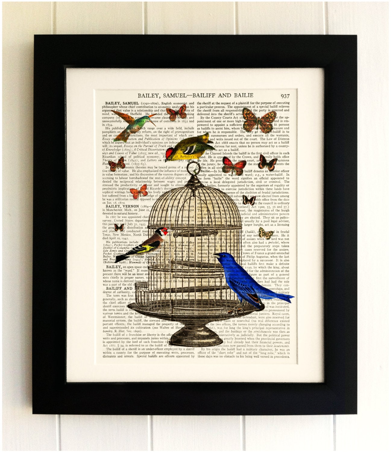 ART PRINT on Old Antique Book Page - Birds With Birdcage and ...