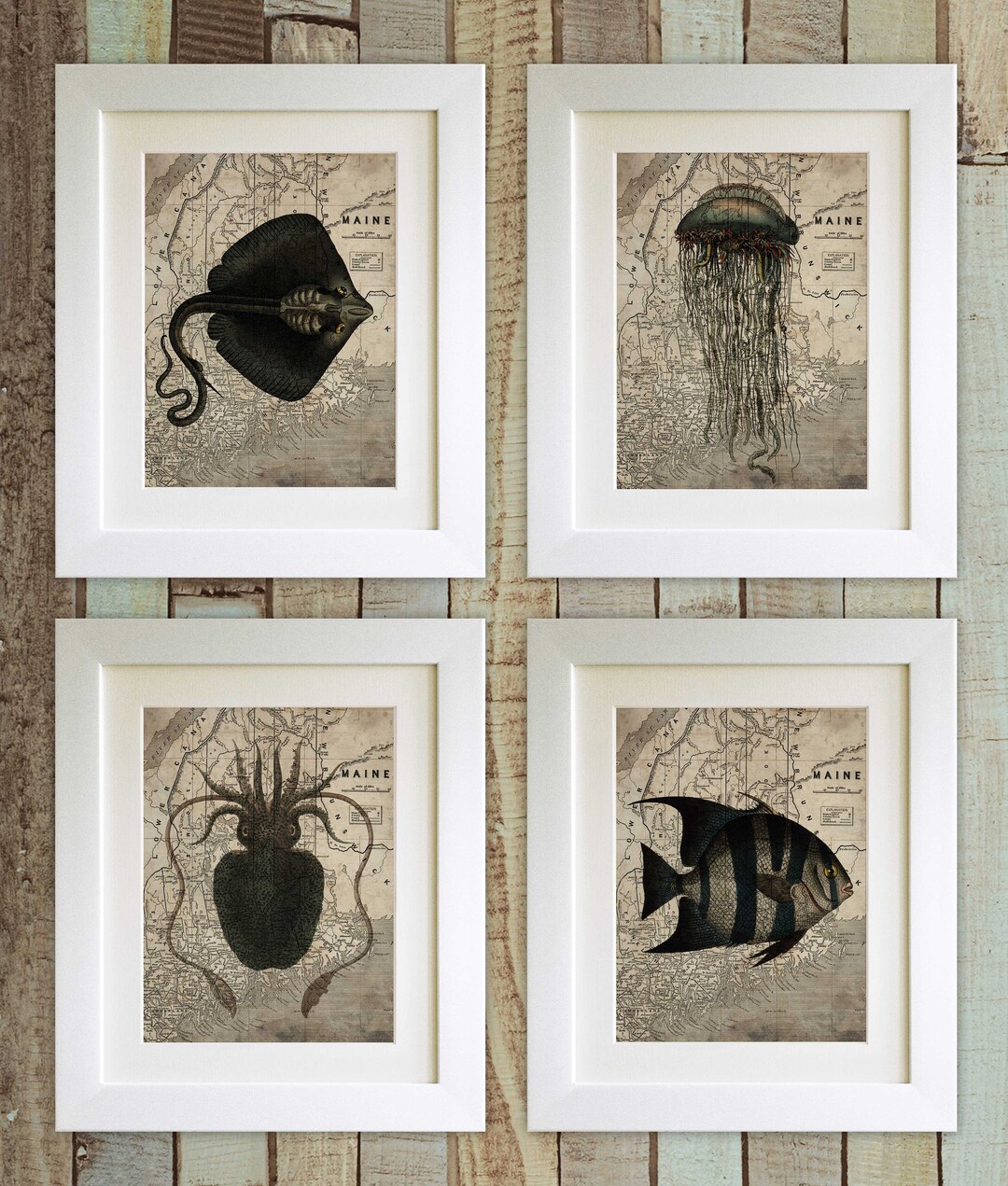 SET OF 4 Sea Creature Map Prints, 5"x7" *UNFRAMED* Fab Picture Gift ...