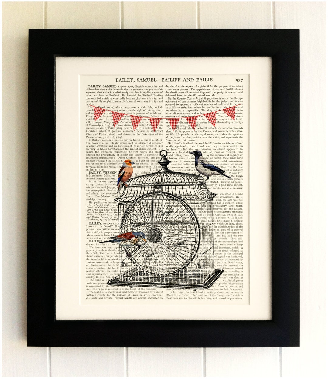ART PRINT on Old Antique Book Page - Square Bird Cage & Bunting ...