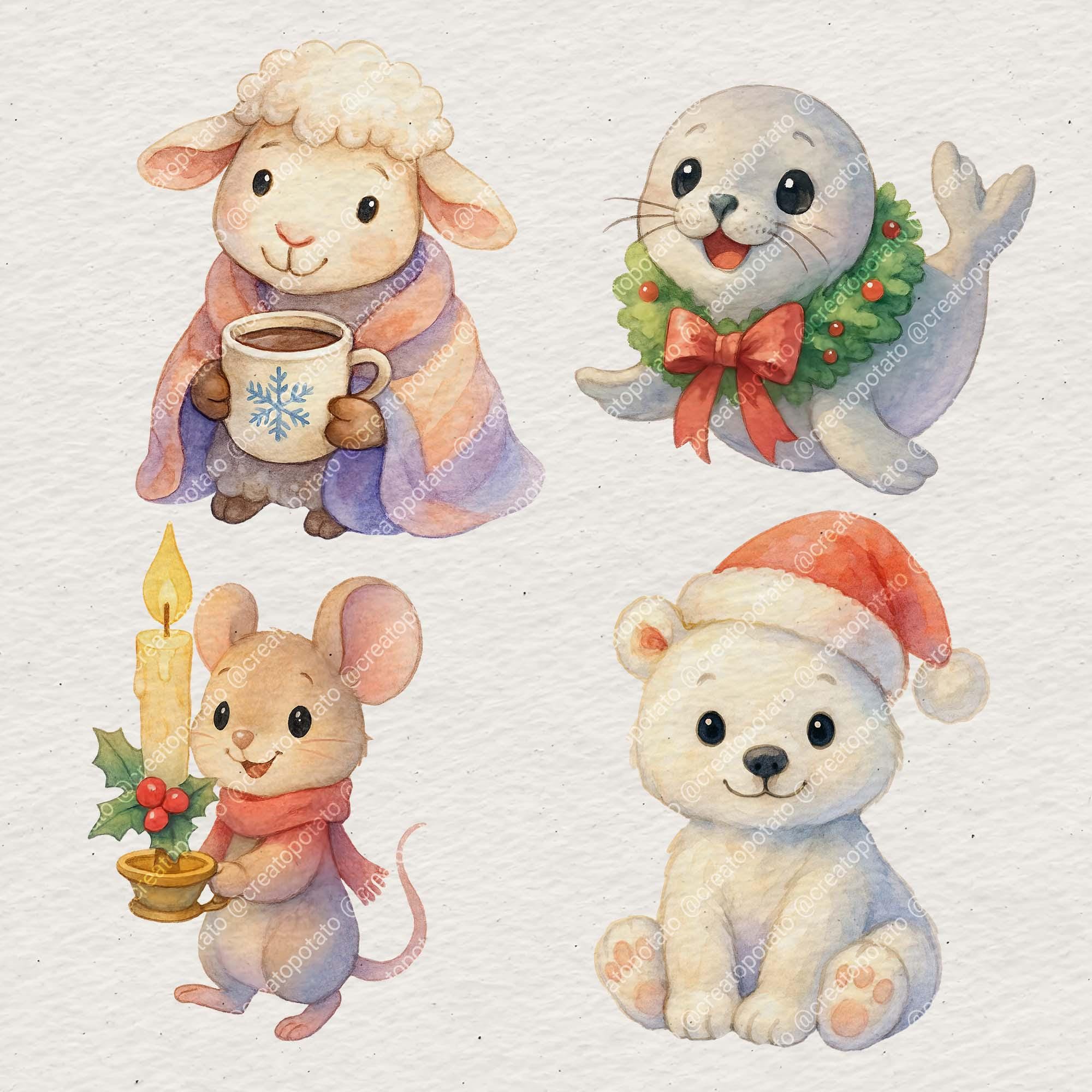 Watercolor Christmas Animals Clipart: Kawaii Holiday PNG Bundle ...