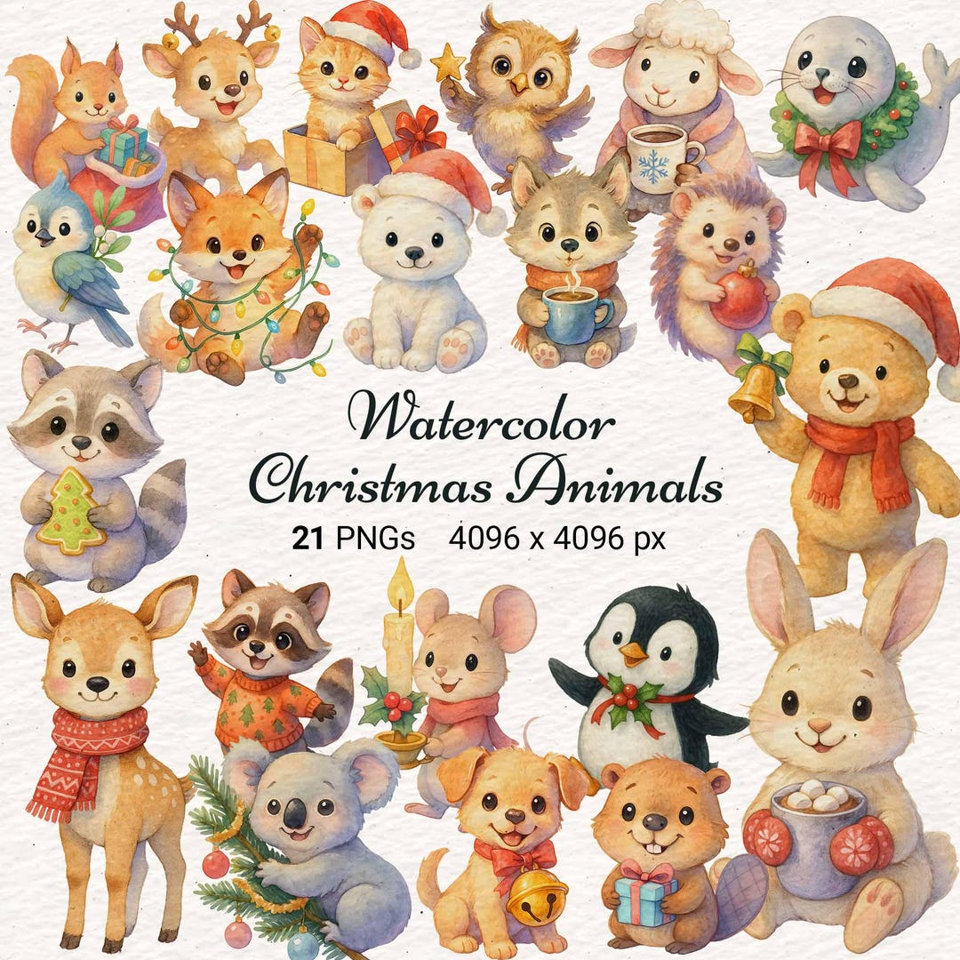 Watercolor Christmas Animals Clipart: Kawaii Holiday PNG Bundle ...