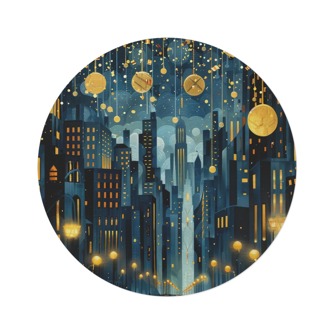 Art Deco Night With Gold Orbs Round 60 Rug, Glittering Orbs Art Deco ...