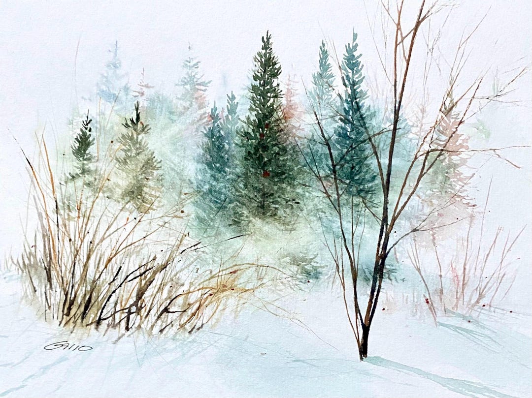 Winter Elegance, 9"x12", Firs, Trees, Conifers, Watercolor on Cotton ...