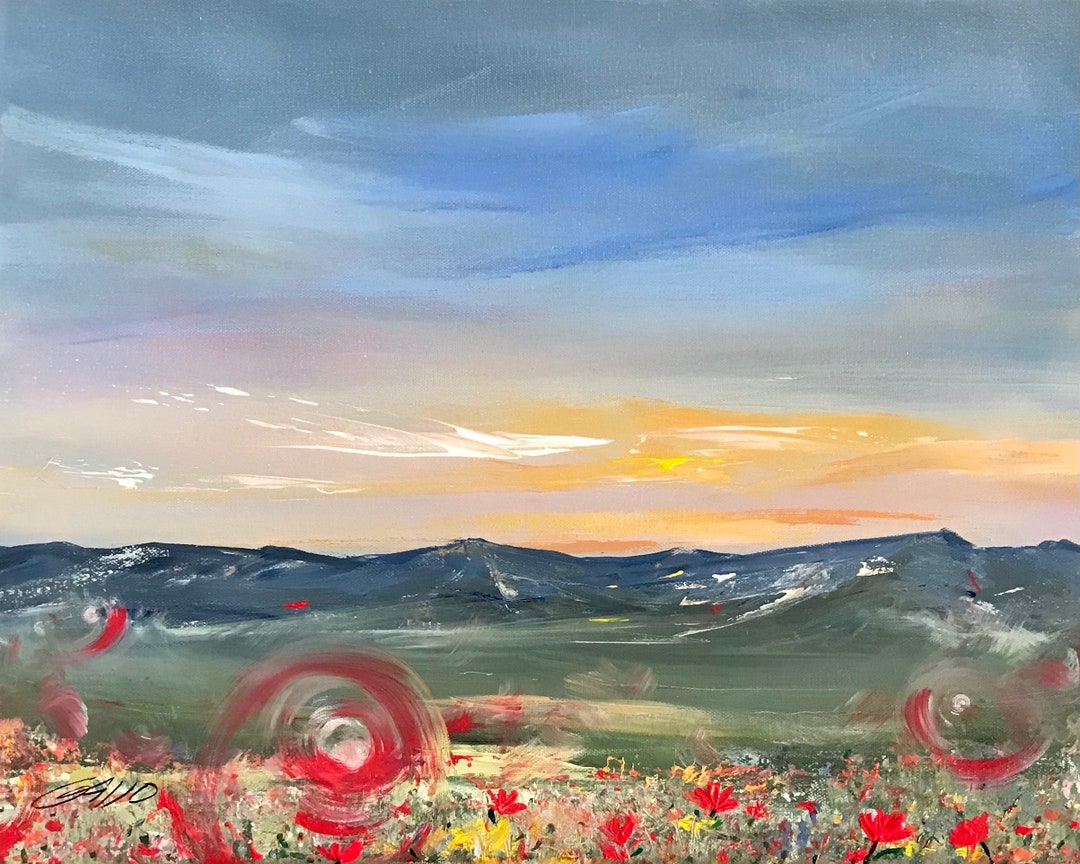 EUPHORIA, 16" X 20", Flower Fields, Mountains, Acrylic Painting ...