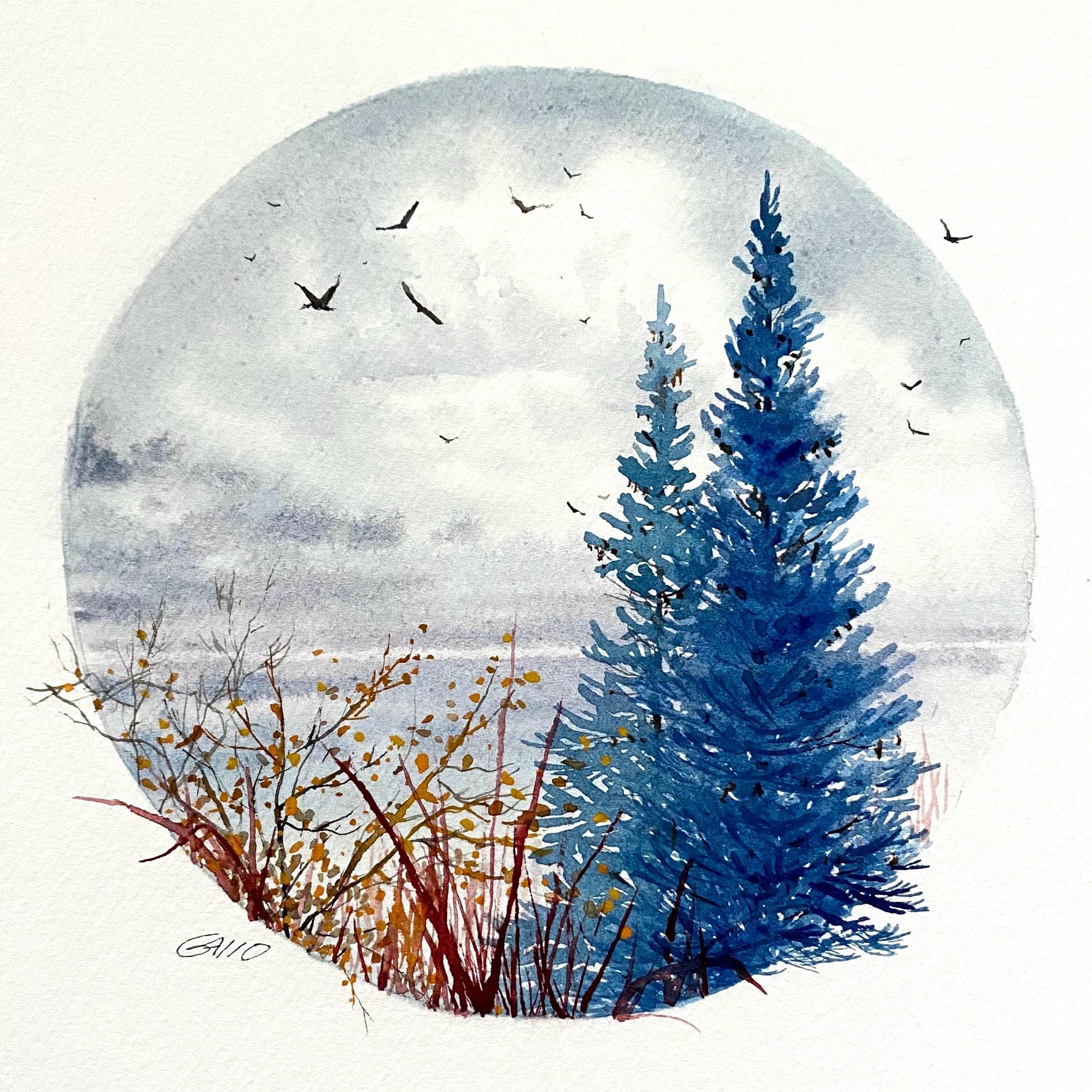 Blue Fir Trees, 7" X 9", Watercolor on Cotton Paper, Unframed, Original ...