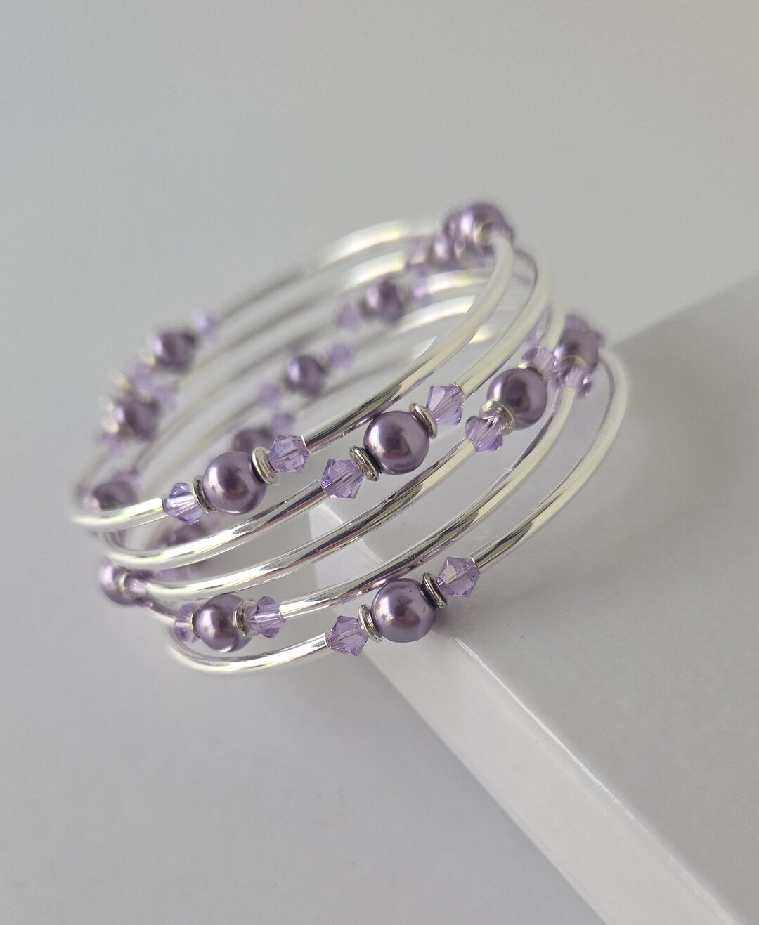 Dark Lilac Pearl and Violet Crystal Memory Wire Bracelet - Etsy