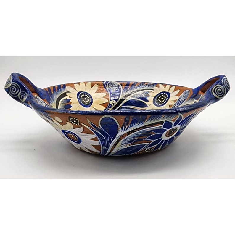 Handmade Mexican Talavera White Bird Blue and White Handled Redware ...