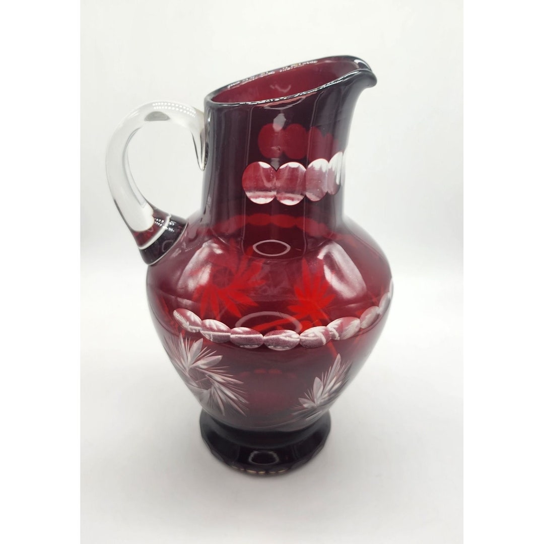 BOHO Ruby Red Cut to Clear Starburst Thumbprint Pattern Large Glass ...