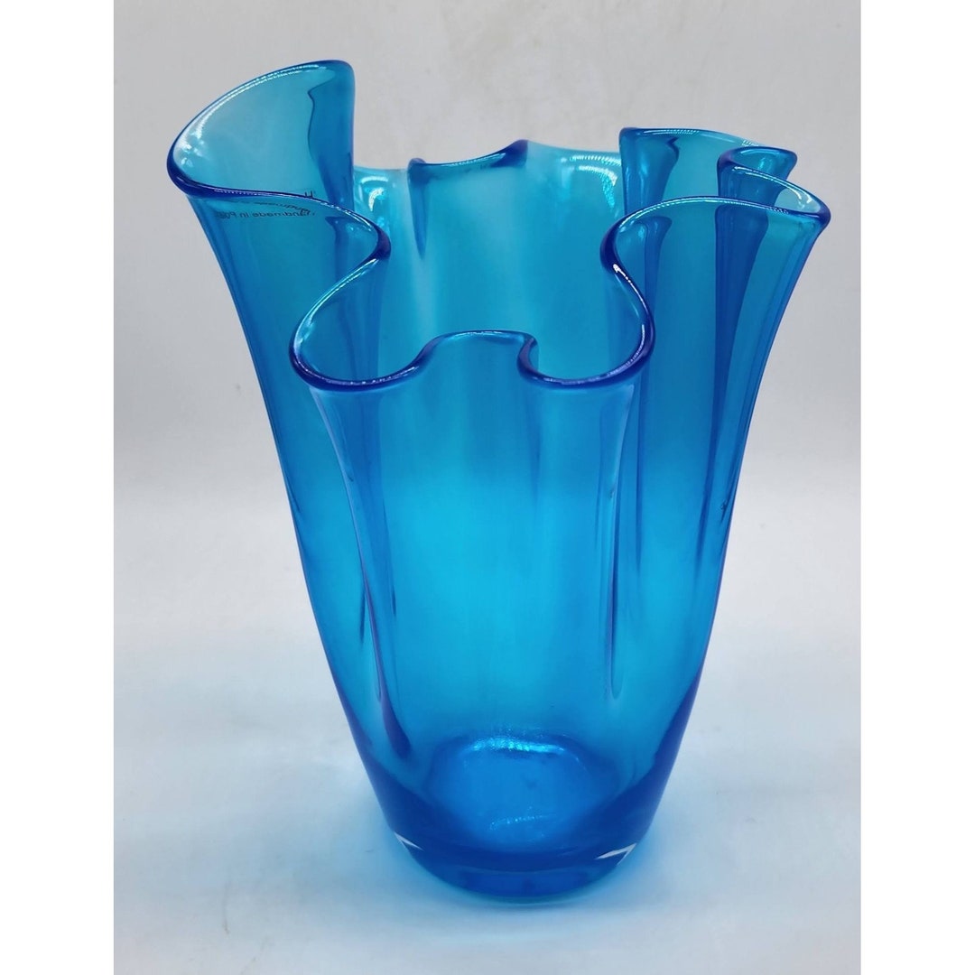 Vintage Made in Poland Cobalt Blue Glass Ruffled Handkerchief Vase 8.5 ...