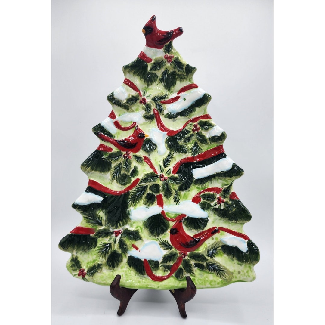 Pier 1 Hand-painted Christmas Tree Cardinals “holly Birds” Earthenware ...