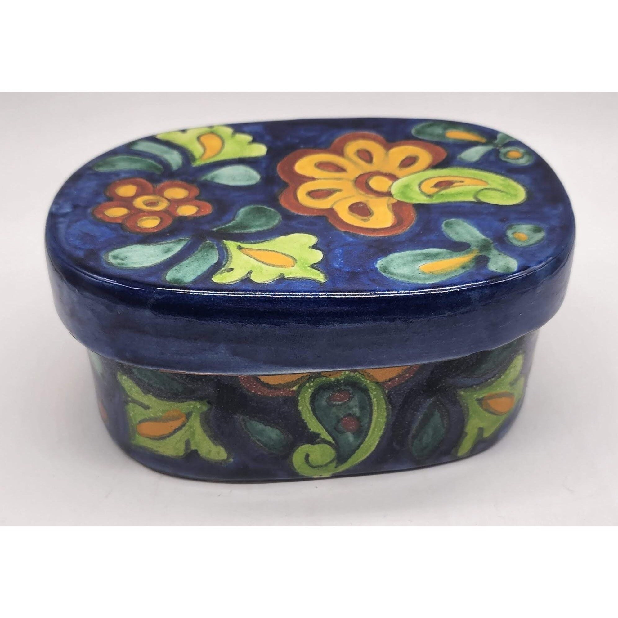 Talavera Signed E Ortiz Mexico Blue Green Orange Floral Redware Lidded ...