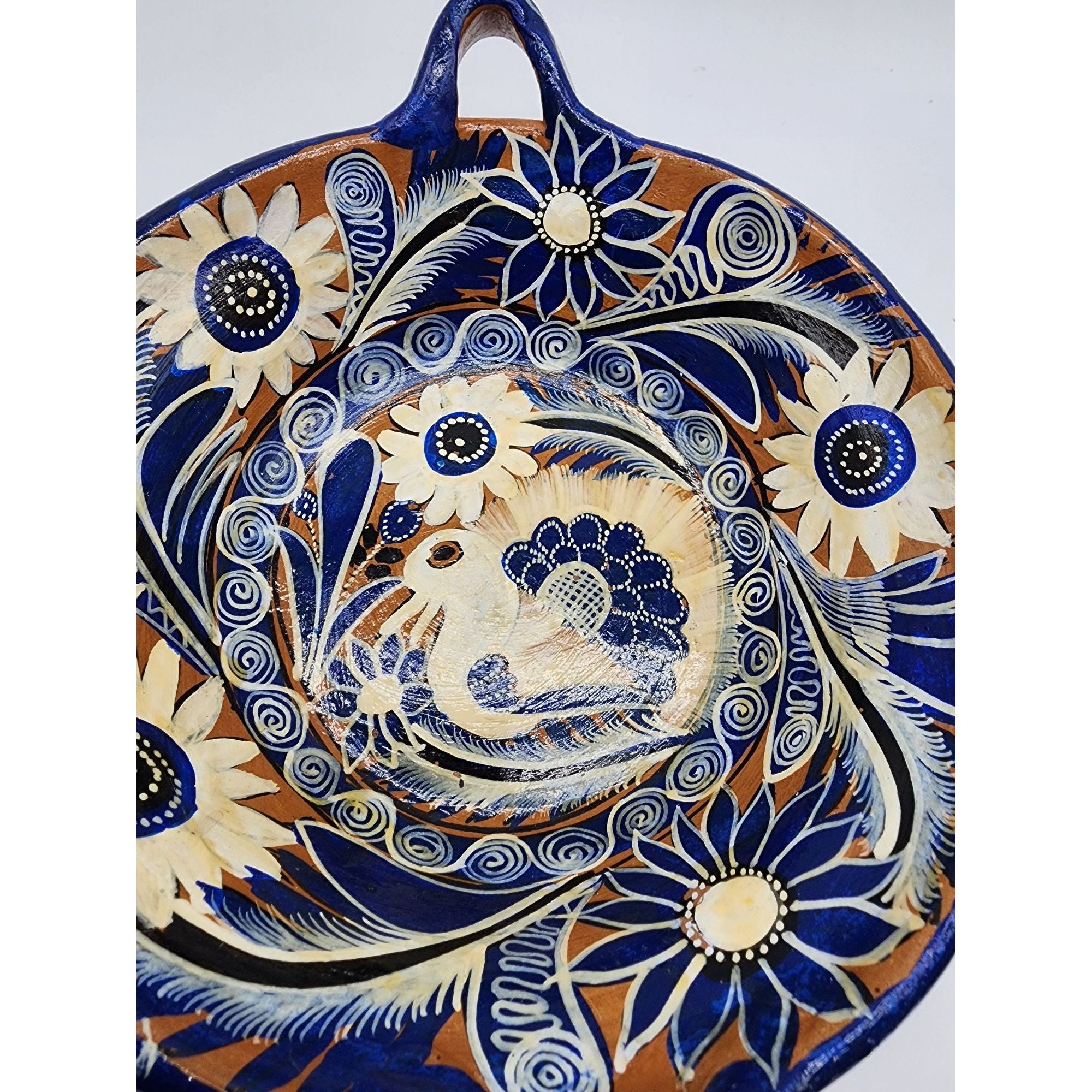 Handmade Mexican Talavera White Bird Blue and White Handled Redware ...