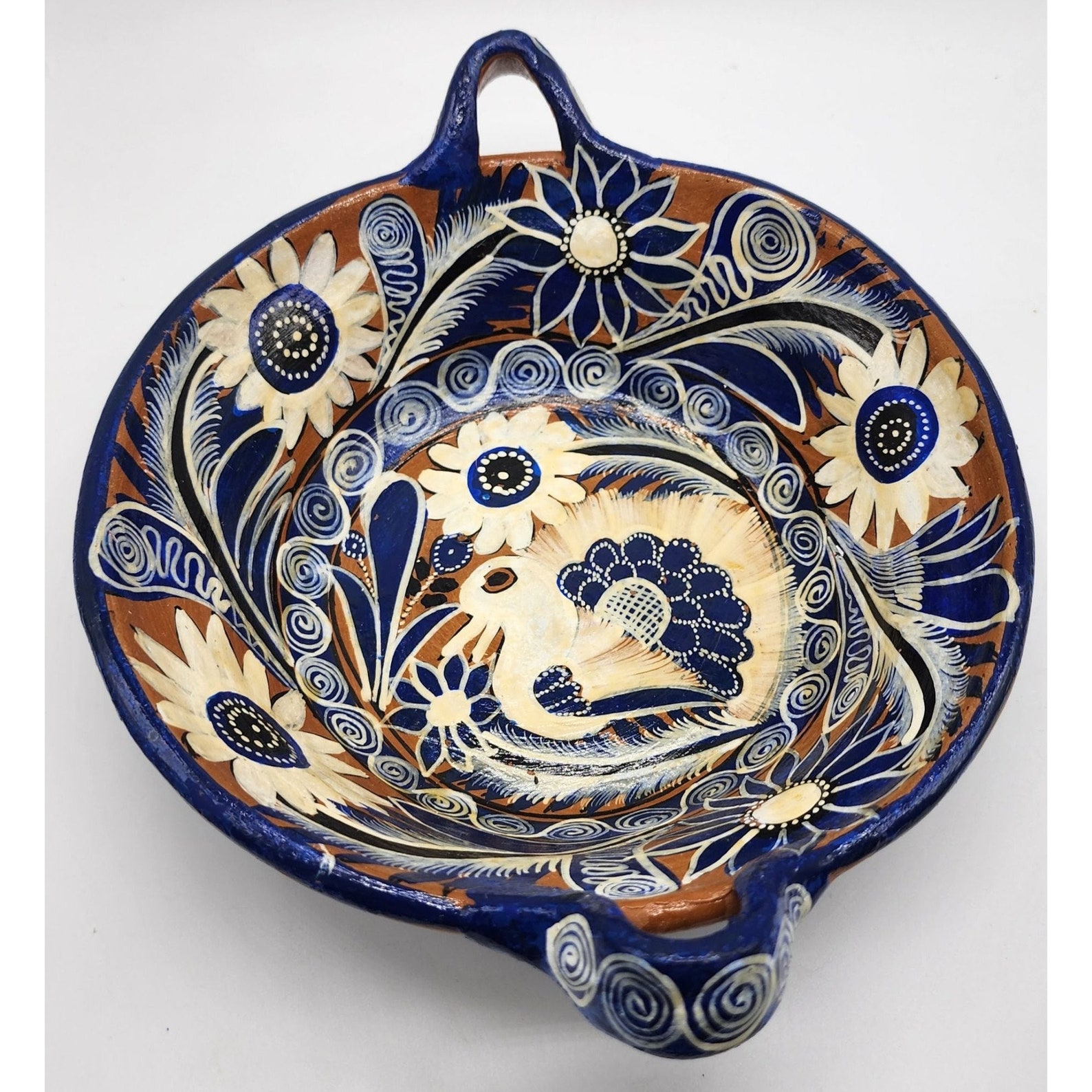 Handmade Mexican Talavera White Bird Blue and White Handled Redware ...