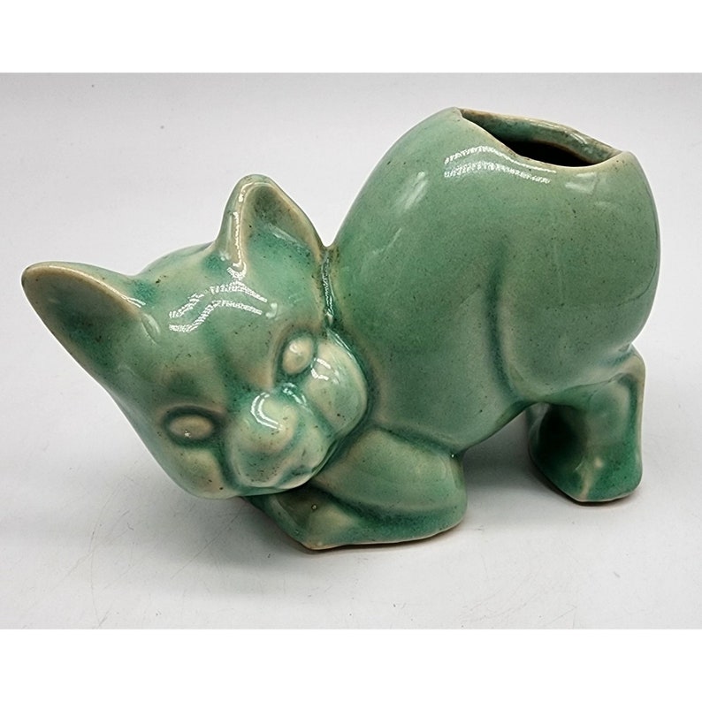 Vintage MCM Teal Blue Green Glaze Ceramic Scaredy Cat Cotton Ball Dispenser (planter) - Etsy