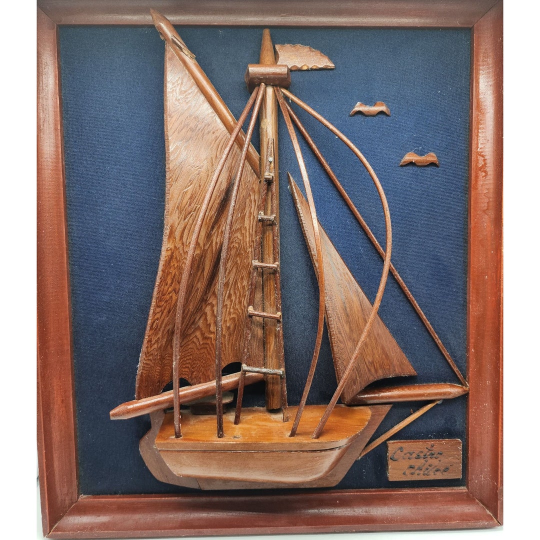 1970s Style Castro Chile 3D Carved Wood Sailboat Nautical Framed ...