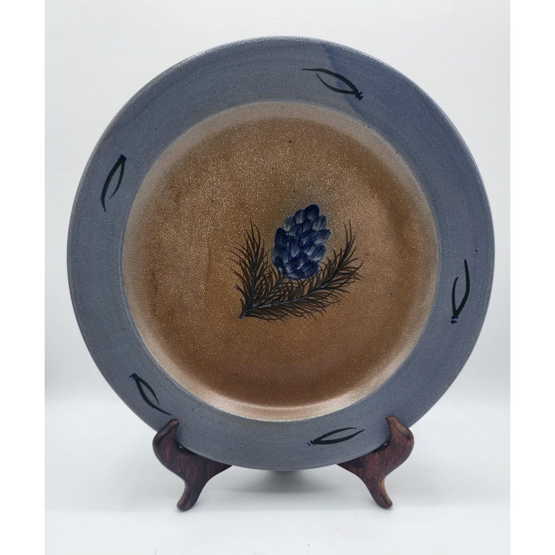 Rowe Pottery Farmhouse Blue Pinecone Salt Glaze 10.5” Stoneware Serving ...