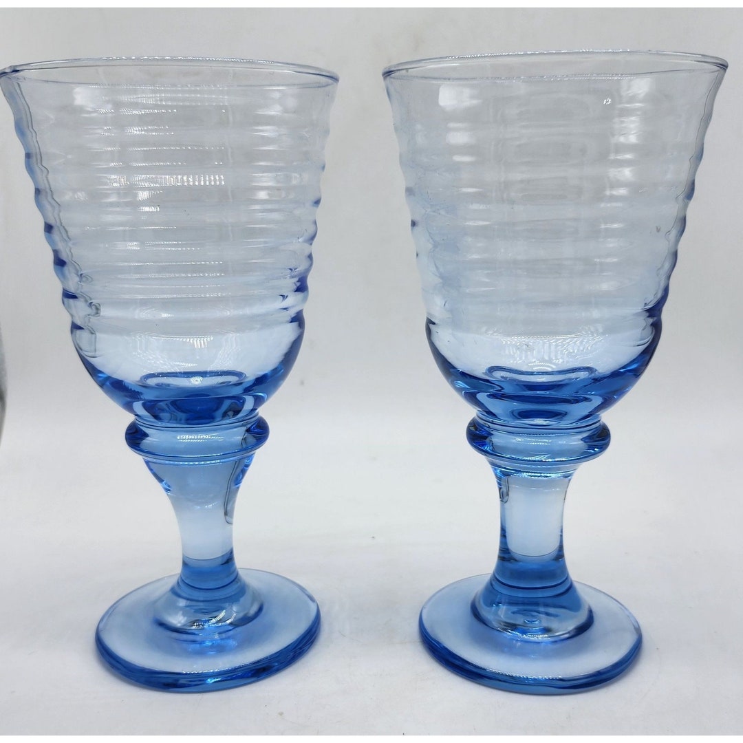 Vintage Libbey Sirrus Light Blue Ribbed Glass 12oz Wine Goblets Set of ...