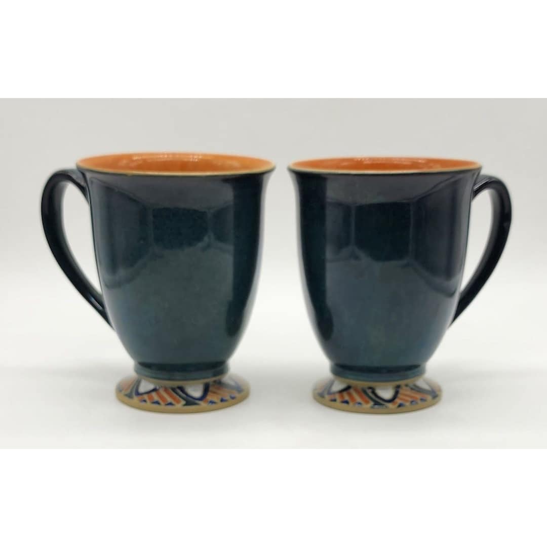 RARE Denby England Batik Green and Rust Footed Ceramic Coffee Mugs Set ...