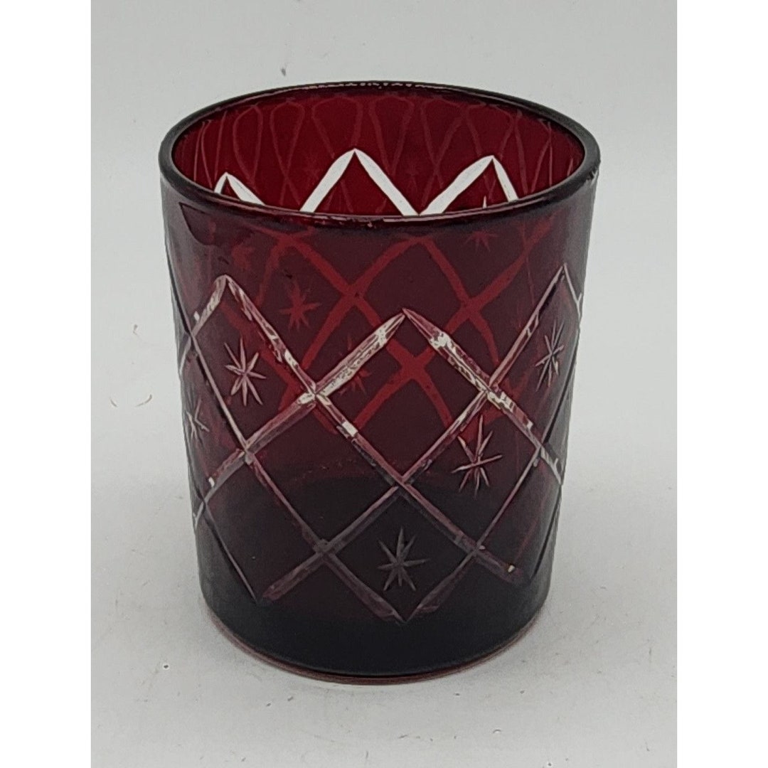 Ruby Red Cut to Clear Diamond Pattern Votive or Tealight Glass Candle ...