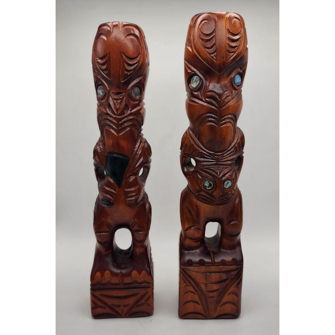 Moari Wood Carvings New Zealand the Navigator Abalone Eyes Tribal Tiki ...