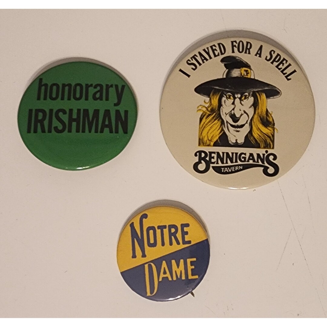 Vintage Notre Dame and Irish Pub Tin Pinback Buttons Set of 3 - Etsy