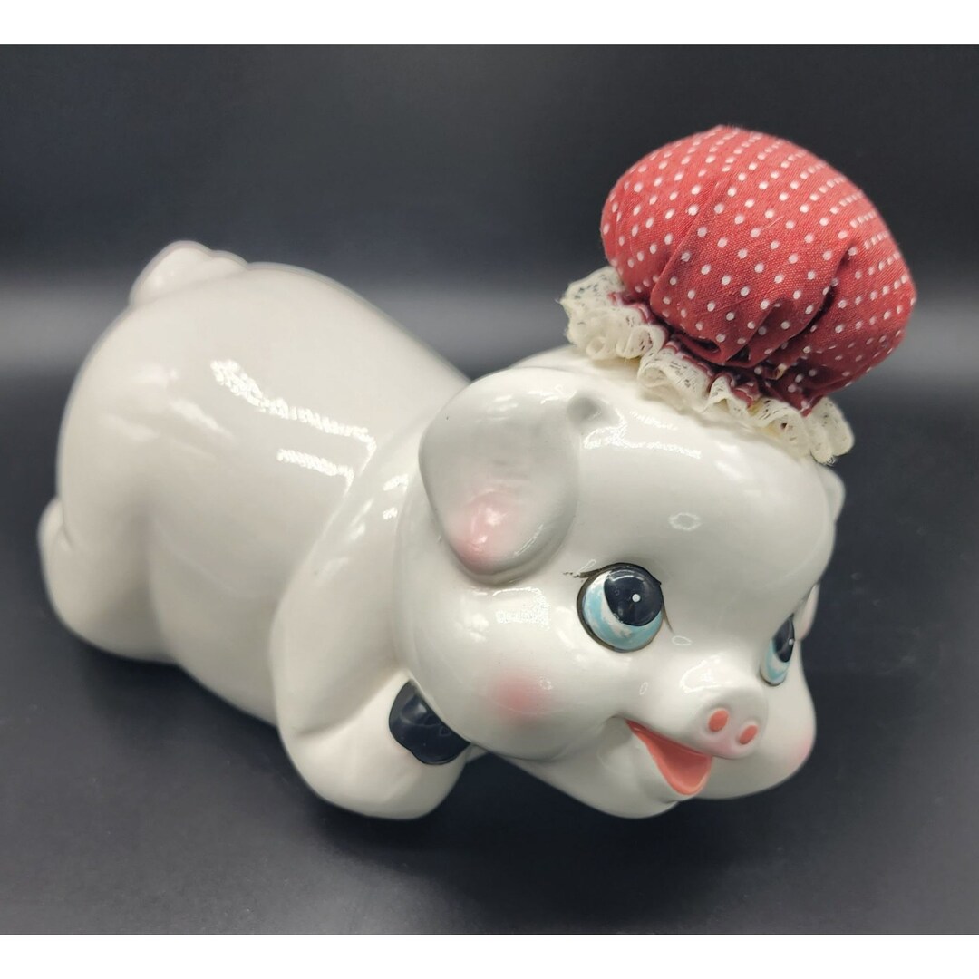 Vintage Adorable Handmade Porcelain White Pig Wearing Bonnet Piggy Bank ...