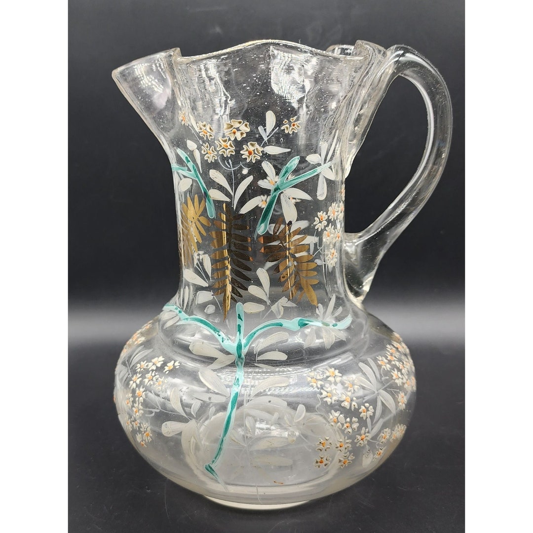 Antique Victorian Hand Painted Hand Blown Floral Clear Glass Ruffle Top ...