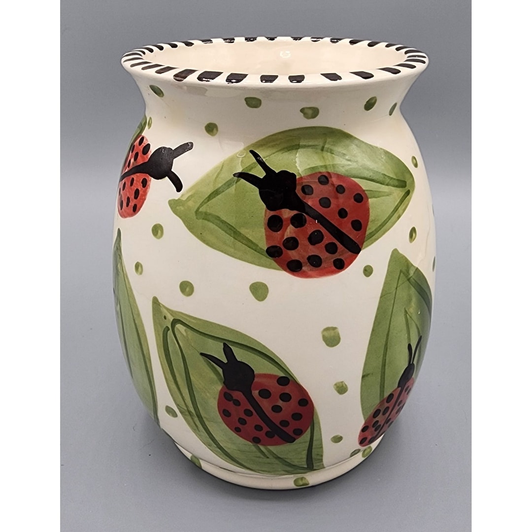 Hand Painted Signed Lynn Morris Red & Green Ladybugs Leaves Spring ...