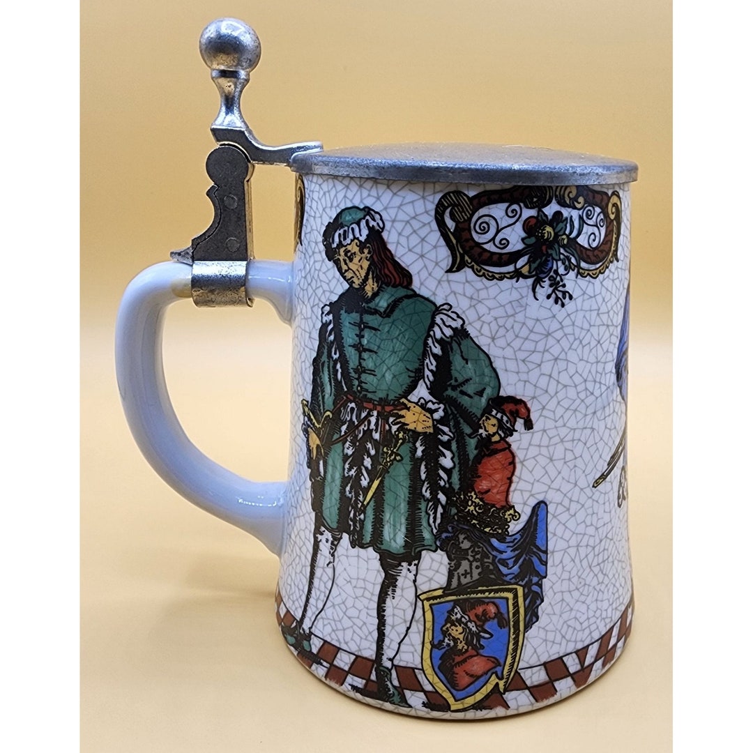 Vintage BMF Germany Nobility Figures Pewter Lid Porcelain Tankard Beer ...