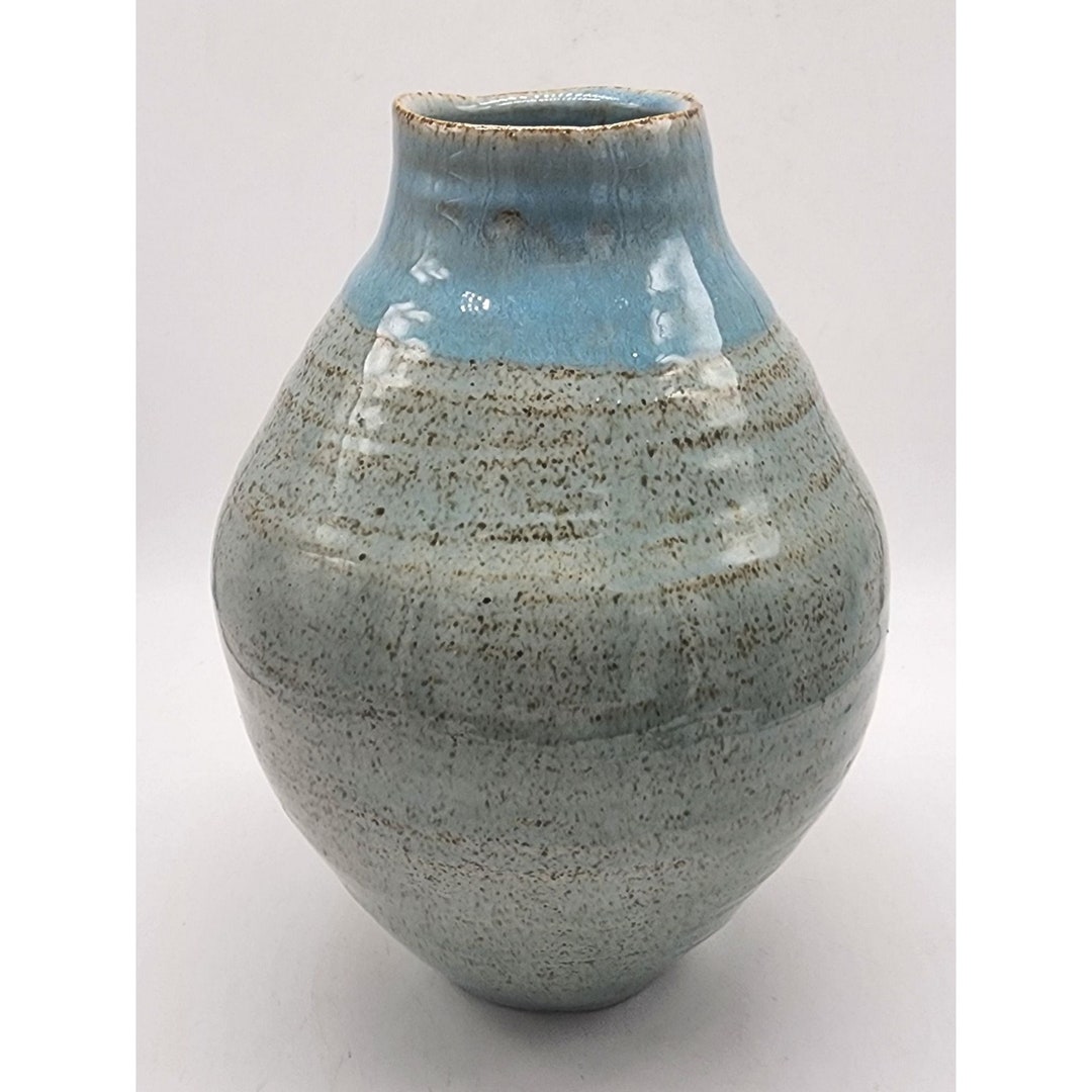 Handmade Wheel Thrown Signed Bea Blue & Green 8" Stoneware Art Pottery ...