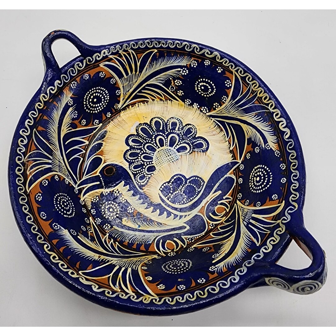 Handmade Mexican Talavera Blue Bird Blue and White Handled Redware Bowl ...