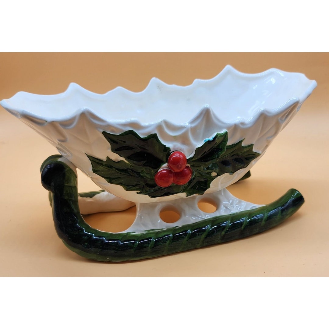 Vintage Lefton 6055 Christmas Holly Porcelain Sleigh Candy Dish - Etsy