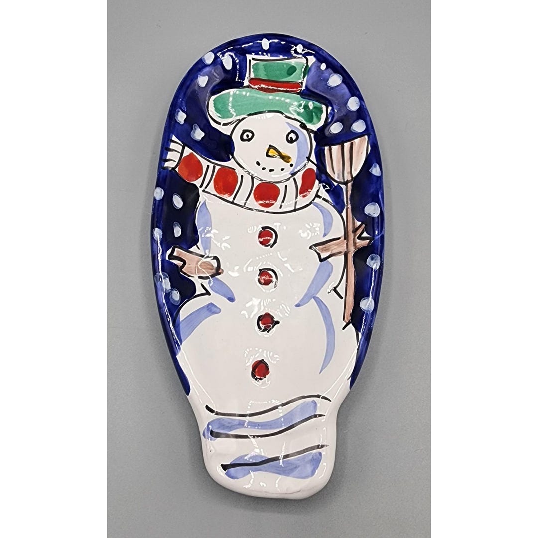 Hand Painted Made in Italy Blue & White Christmas Snowman Redware Spoon ...