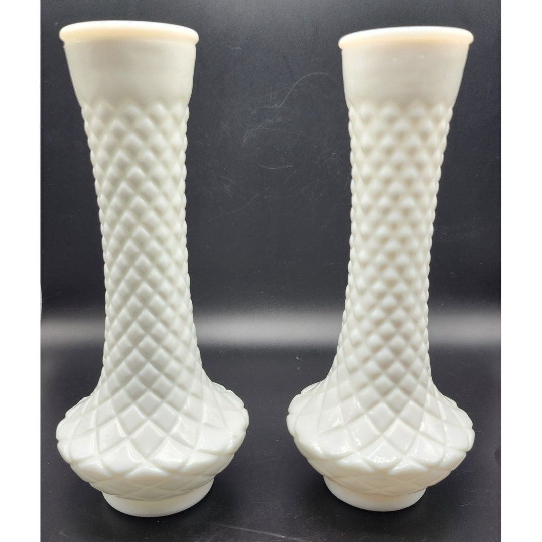 MCM Randall White Milk Glass Diamond Pattern Hobnail Flared 9 Bud Vases ...