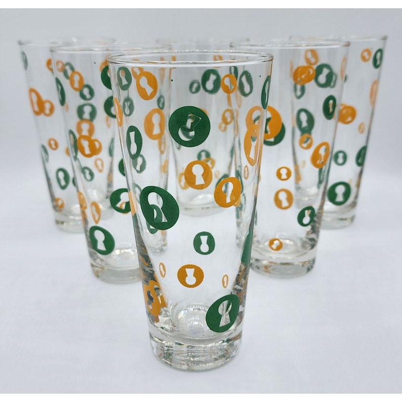RARE Libbey Green and Gold Whimsical Keyhole Drinking Tumbler Glasses ...